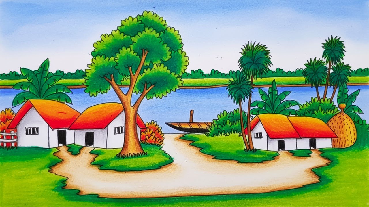 How to Draw Riverside Village Scenery | Easy Nature Landscape Drawing ...