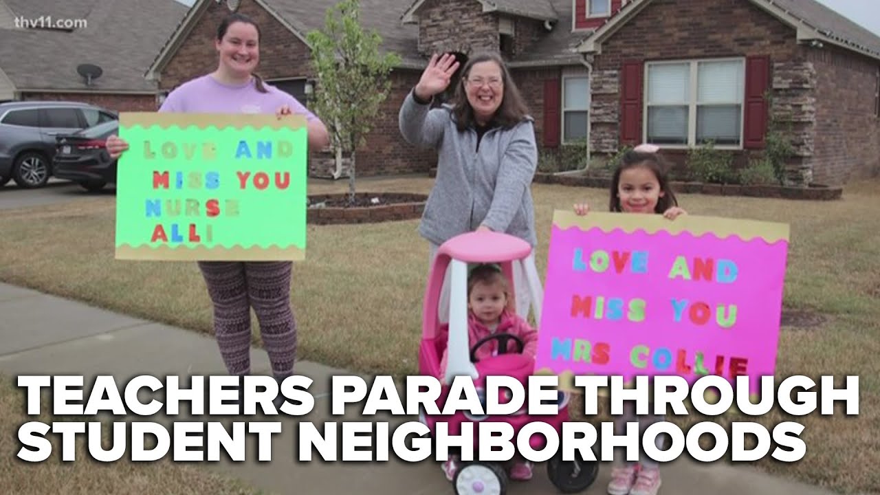 Elementary teachers parade through student neighborhoods - YouTube