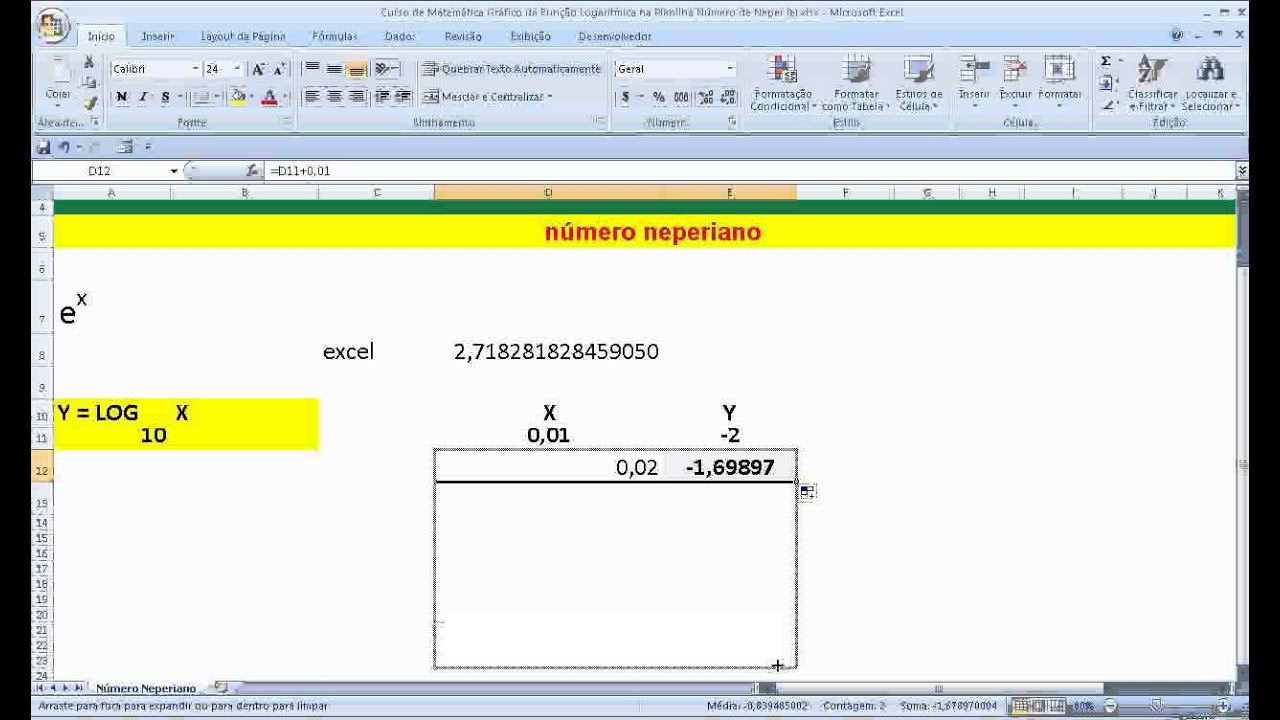 Gráfico da Função Logarítmica no Excel Planilha Número de Neper Aula do ...
