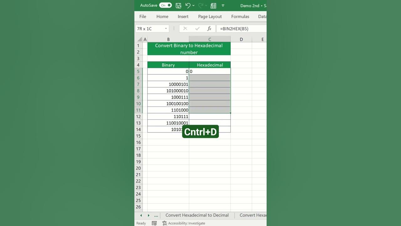 Convert Binary to Hexadecimal Number in MS Excel. @kttrained - YouTube