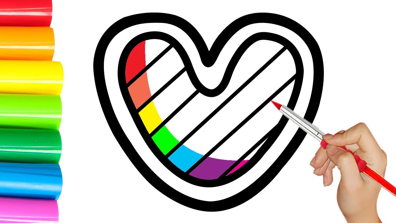 How to draw cute hearts and color rainbow for kids - YouTube