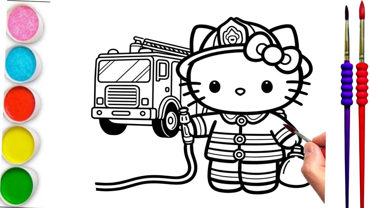 Hello Kitty in Fireman dress 🚒 Step by Step Drawing Painting and ...