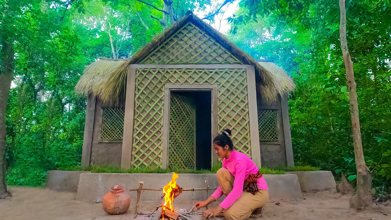 Girl Living Off the Grid, Build The Most Beautiful Bamboo House In Deep ...