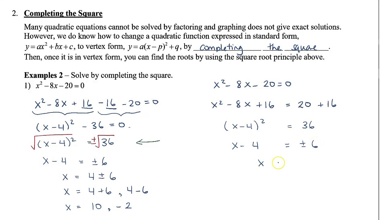 Math 11 - Sec 4.3 Solving Quadratic Equations by Completing the Square ...