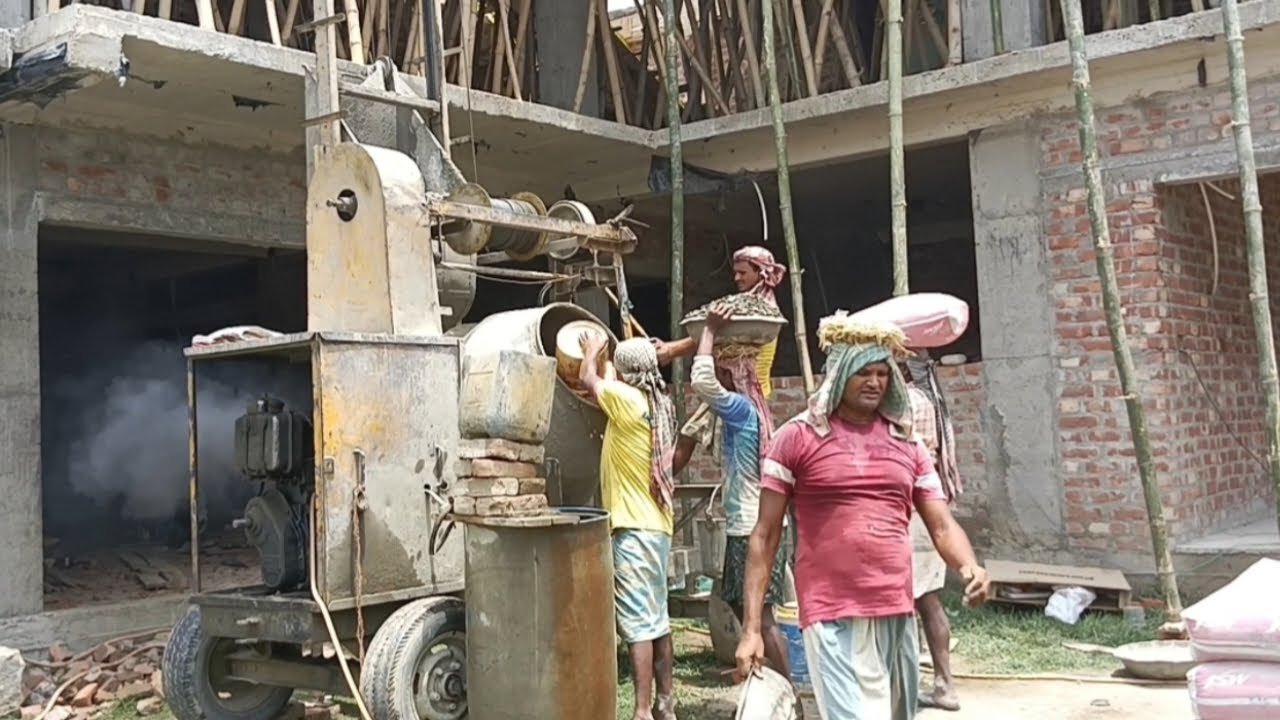 Cement Concrete Mixer Machine | House Roof Concreteing With Very Hard Work - YouTube
