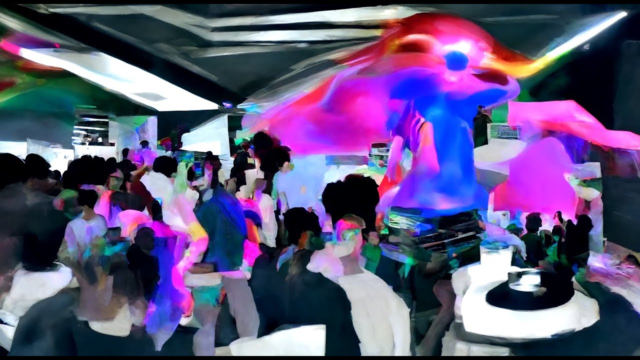 "a dj blasting techno while psychedelic drugs influences the crowd ...