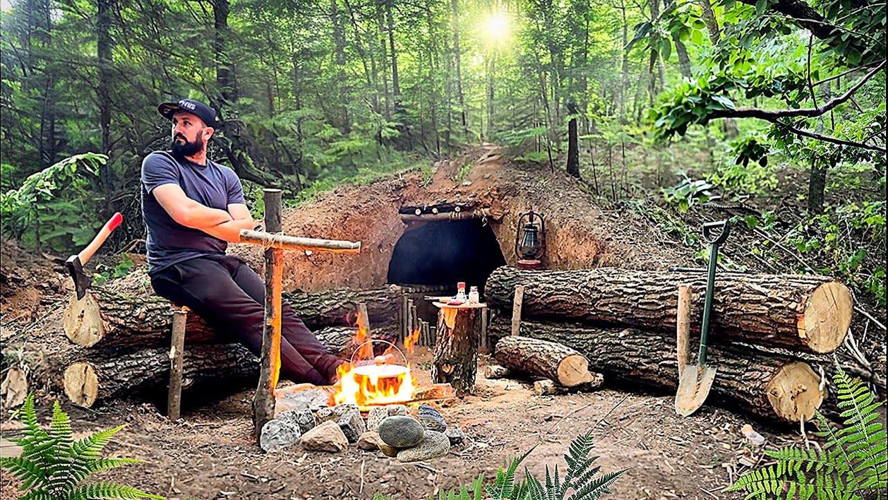 Building a cave in the forest | survival dugout - YouTube