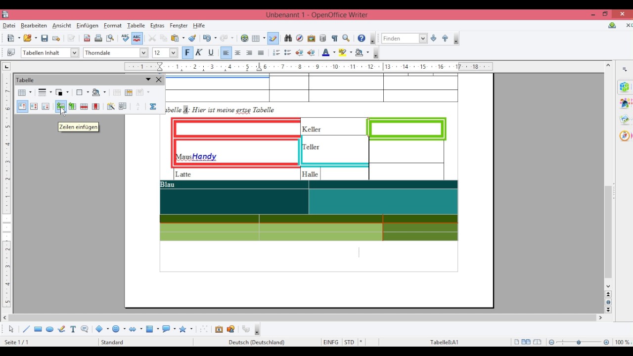 OpenOffice Tabelle erstellen einfügen bearbeiten zentrieren- Openoffice Tabelle Querformat - YouTube