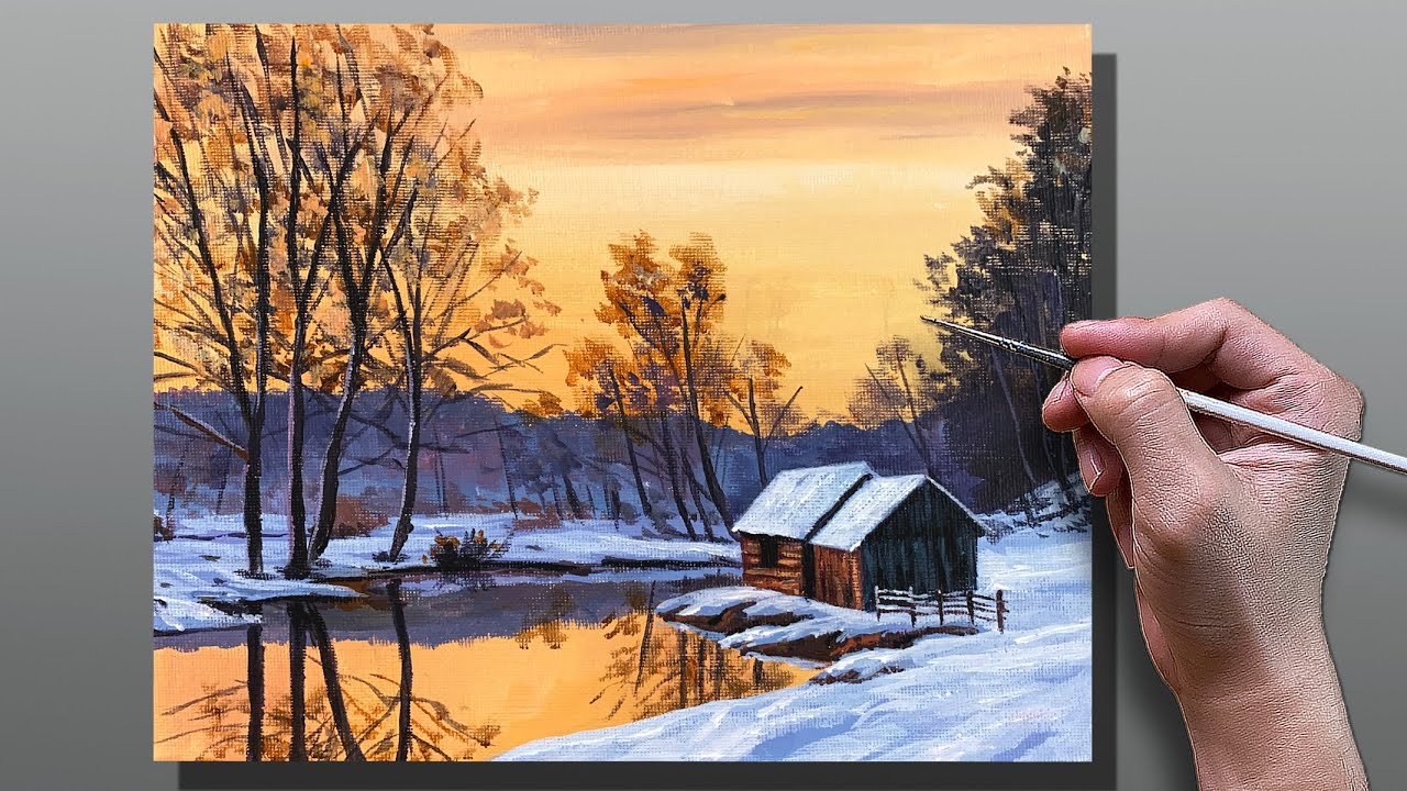How to Paint Winter Sunset Cabin / Acrylic Painting / Correa Art - YouTube