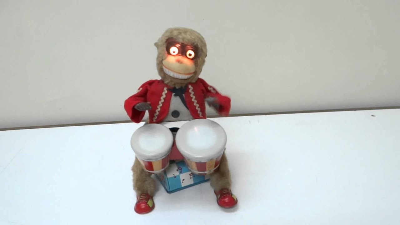 50`s ALPS TIN BATTERY/OP MONKEY PLAYING BONGO W/ LIGHTED EYES WORKS ...