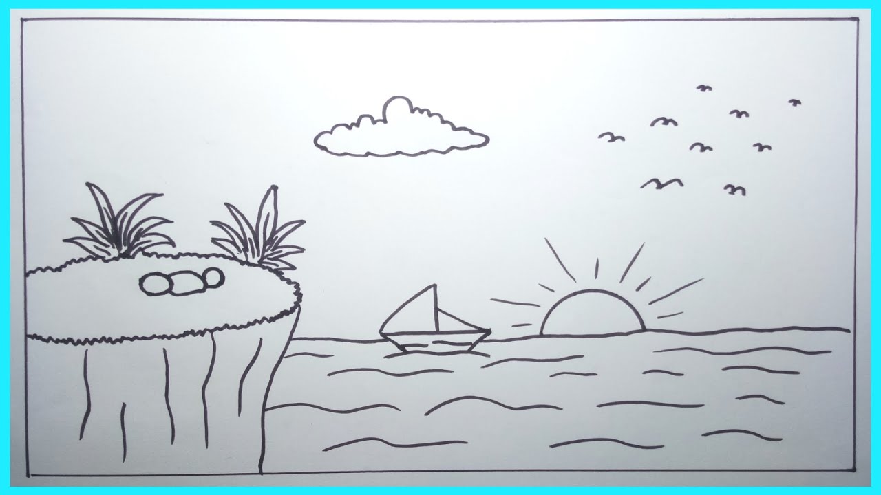 CARA MENGGAMBAR PEMANDANGAN DI PANTAI || scenery drawing sketch part #8 ...