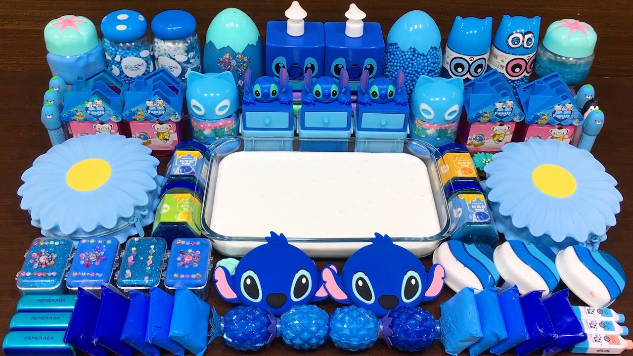 BLUE STITCH Slime! Mixing Random Things into GLOSSY Slime !! Satisfying ...