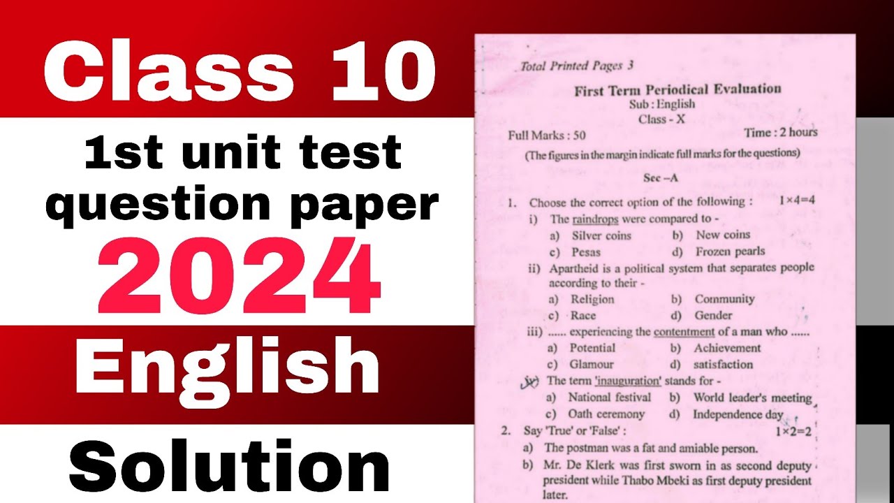class 10 1st unit test English Question paper 2024 with solutions and ...