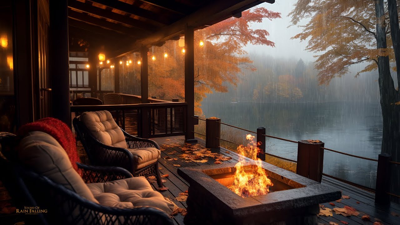 Autumn Cozy Lake House Porch in Rainy Morning with Bonfire and Fall ...