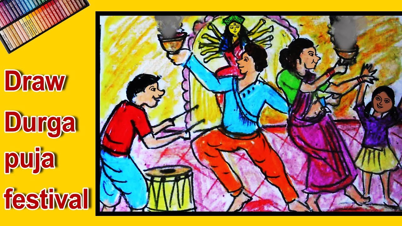 How to Draw Durga puja festival || Dhunuchi Naach || durga puja sasthi ...