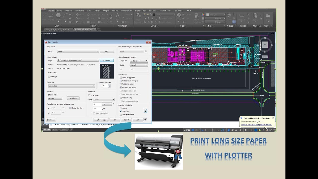How to plot drawing dwg to Canon iPF810custom paper size - YouTube