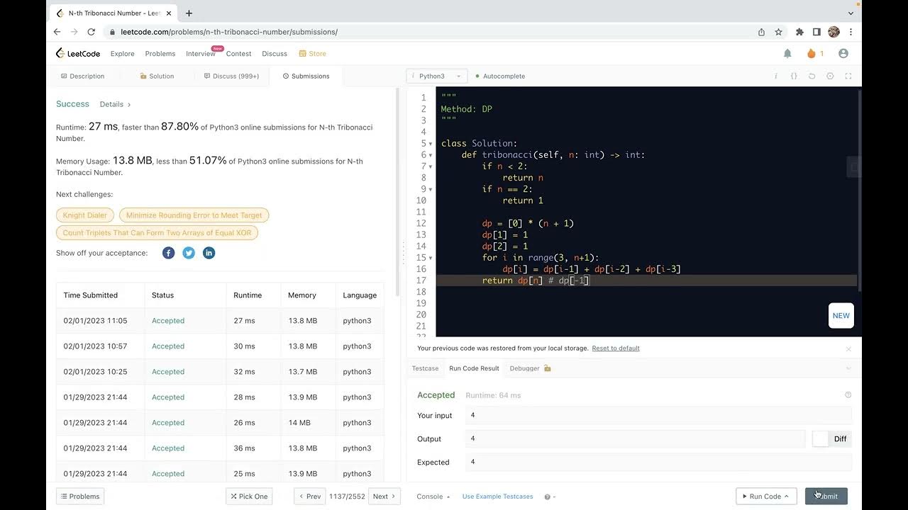 leetcode 1137. N-th Tribonacci Number - DP - YouTube