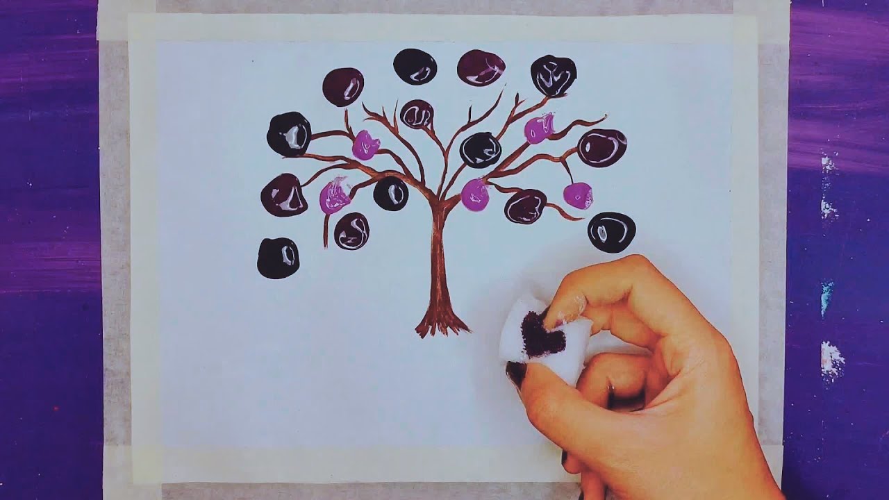 Easy huge purple tree painting using spong / step by step / relaxing ...