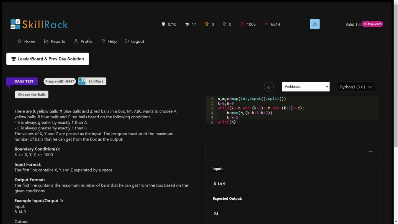 Skillrack Daily Test 31082023 Choose The Balls Program Id 9447 Python Programming