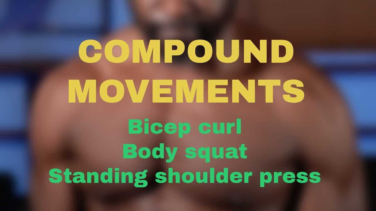 Bicep curl, body squat and shoulder press compound movement execution ...