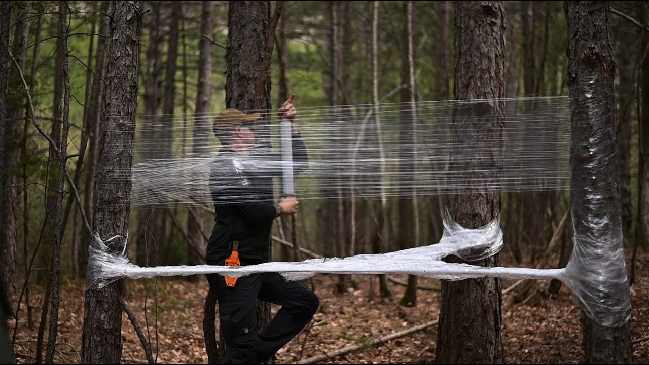 Building A Woodland Cabin and Hammock with Plastic Stretch Wrap ...