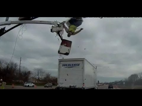 man in bucket lift hit by Box Truck - YouTube
