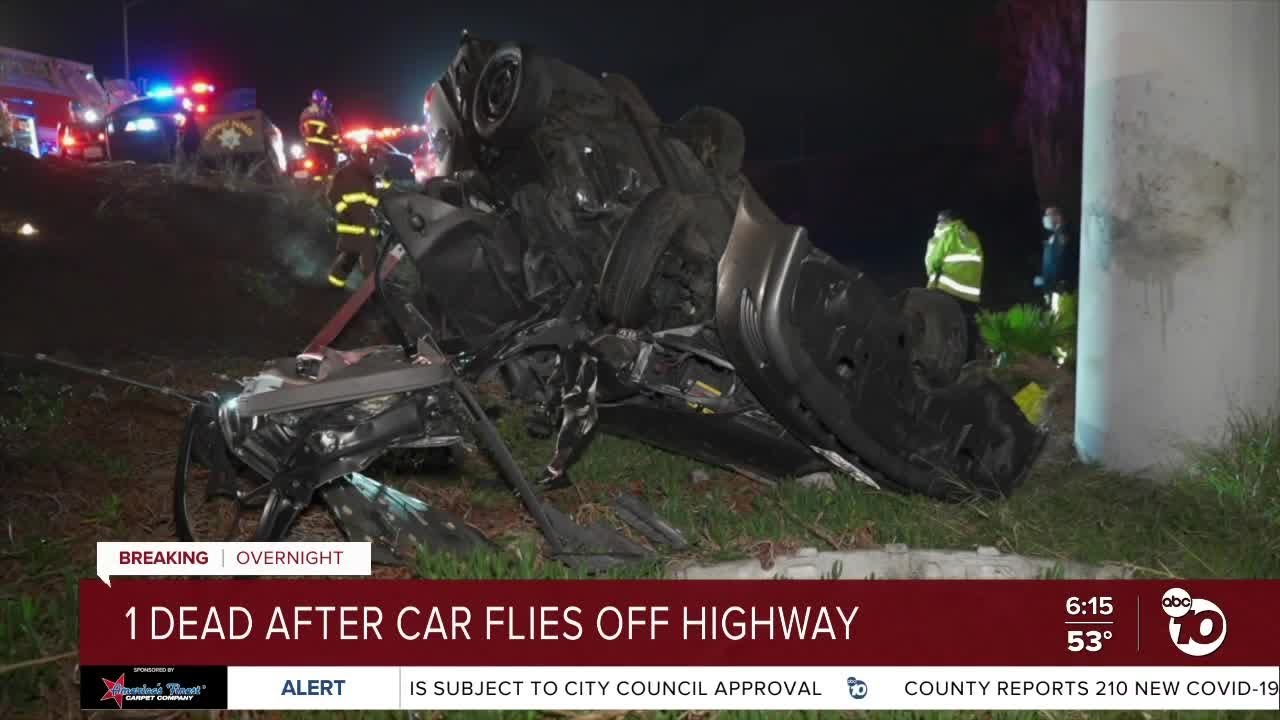 1 dead after car flies off highway, into Midway District bridge column ...