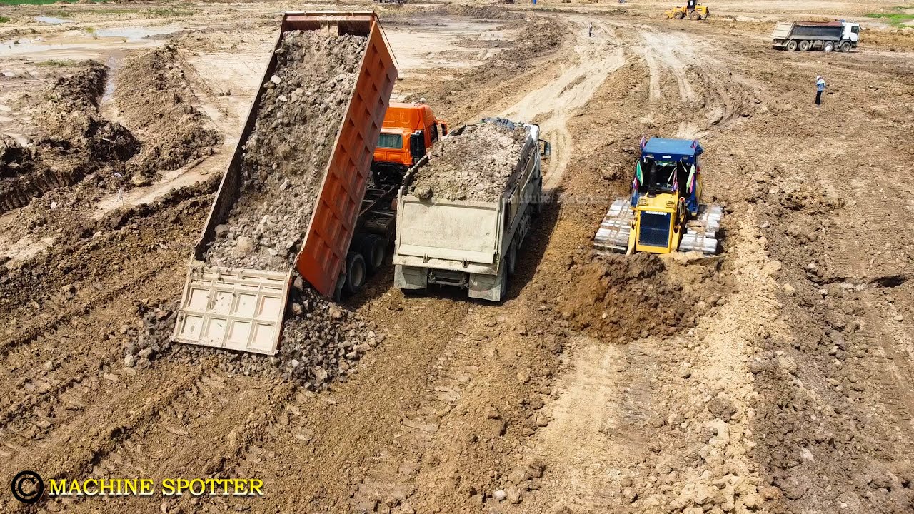 Extremely Power Machine Land Filling Up Bulldozer Dump Truck Moving ...