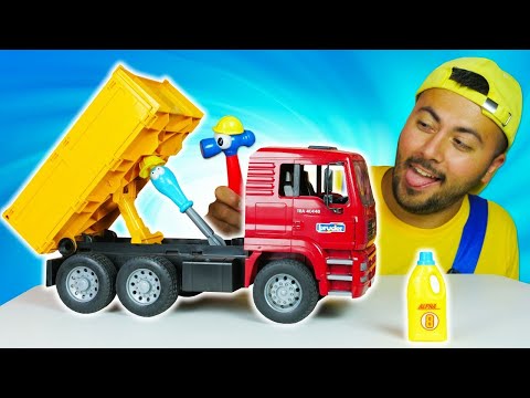 Oyuncak kamyon bozuldu. Eyvah, kırıldı! Çocuklar için tamir oyunu.