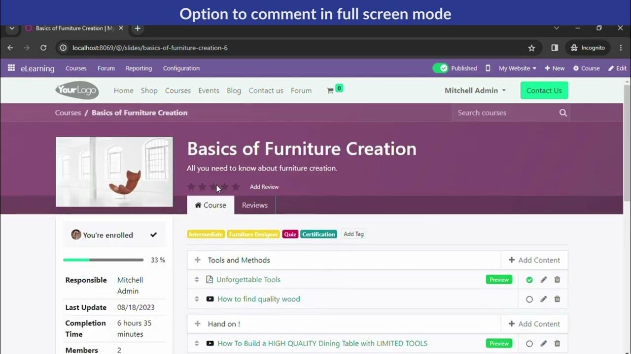 Odoo elearning pro: Option to comment in full screen mode - YouTube