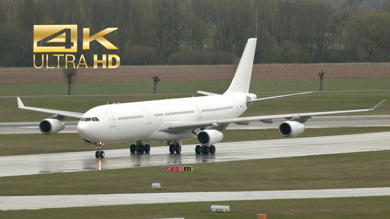 (4K) Airbus A340-313 Hi Fly Malta 9H-TQY arrival at Munich Airport MUC ...