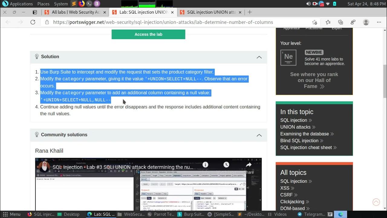 1. SQL injection UNION attack, determining the number of columns returned by the query - YouTube