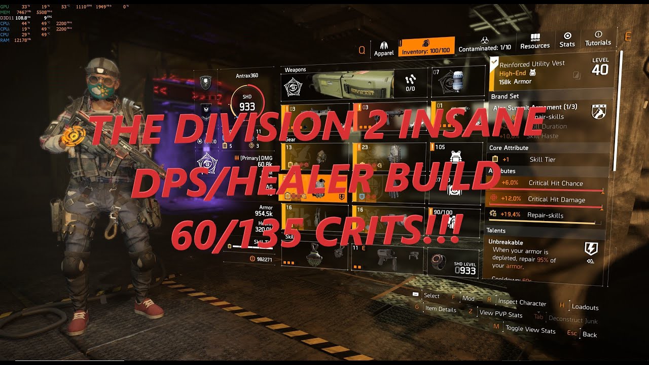 Tom Clancy's The Division 2 TU9 Non Meta DPS Healer Build 60/135 crits ...