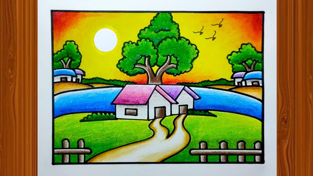 Simple landscape village scenery drawing / Draw a picture of village ...