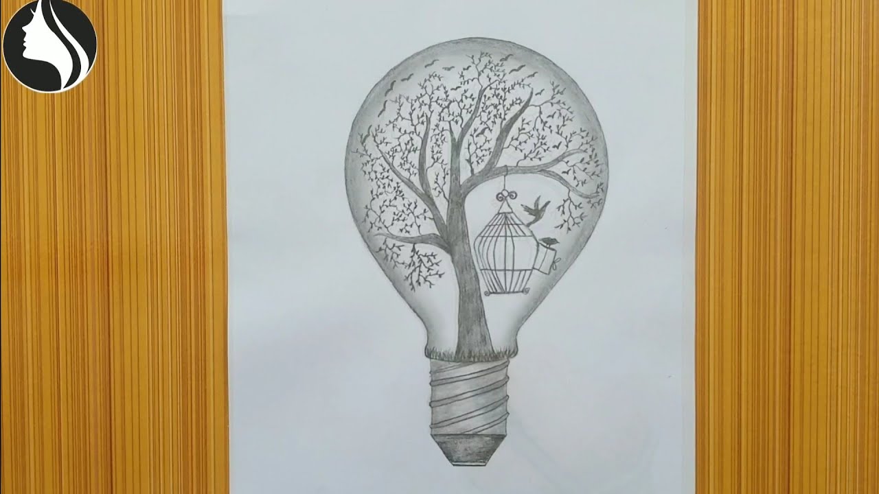 How to draw tree inside the bulb step by step for beginners || pencil ...