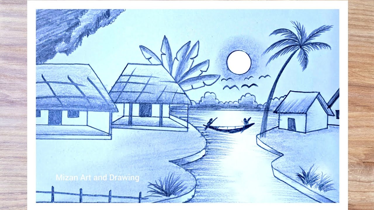 How to draw Scenery with pencil / Best Village Scenery Drawing / Step ...