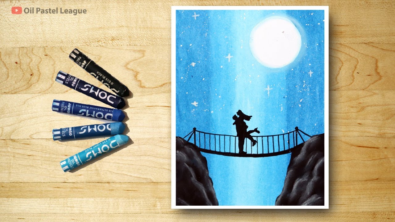 Romantic couple on Bridge scenery drawing with oil pastel / Love ...