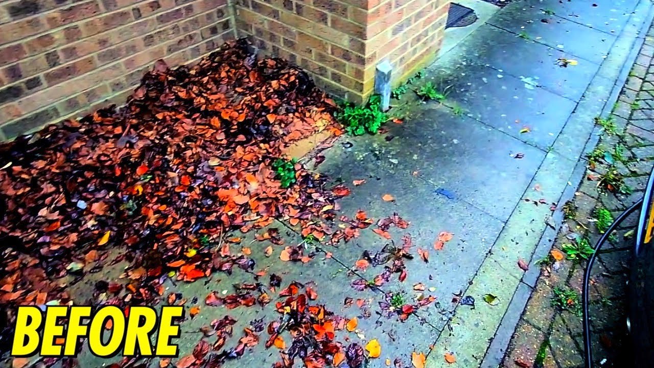 Pressure washing dirty PAVERS with front PATIO full of leaves ASMR ...