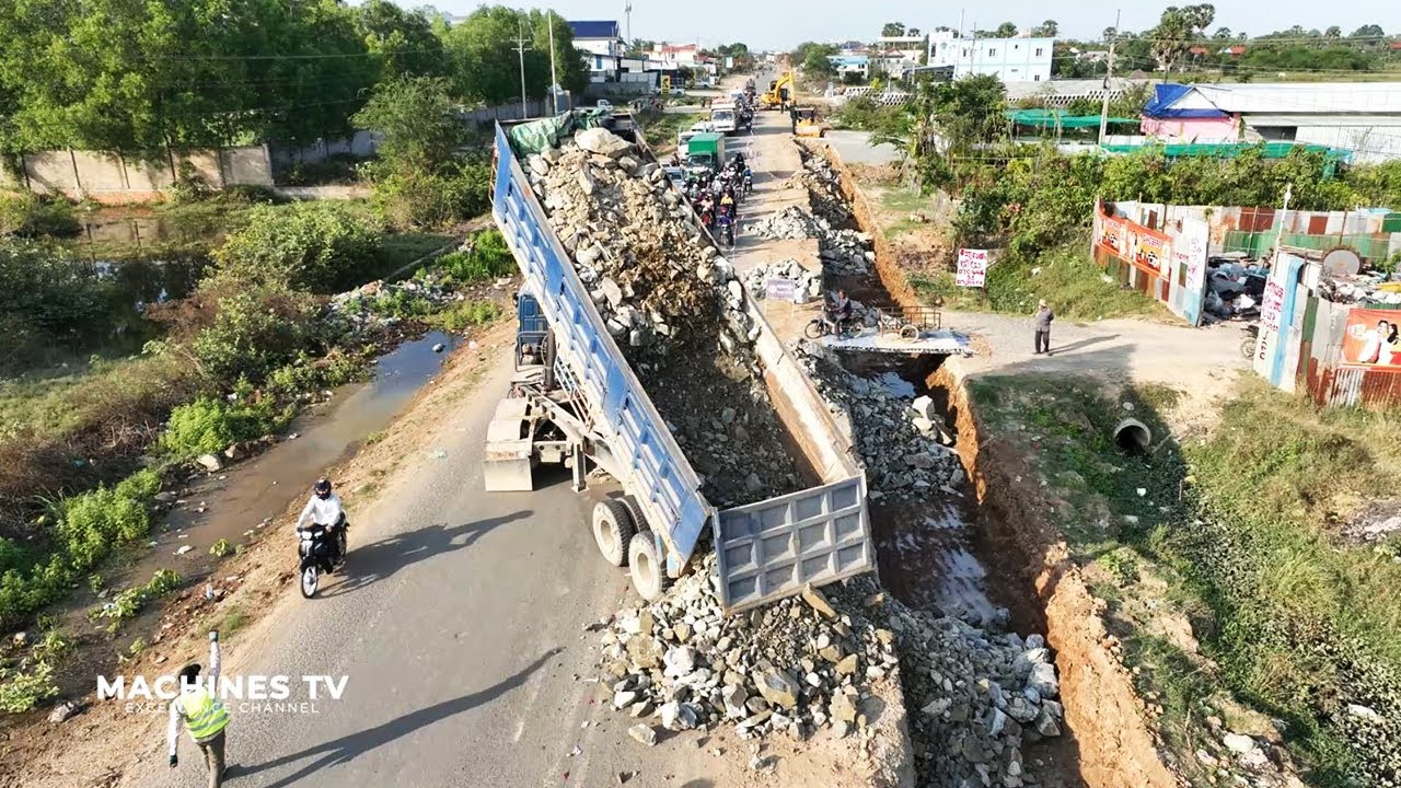 Wow! Excellent Skills Truck Driver Unloading Big Stone For Side Road ...