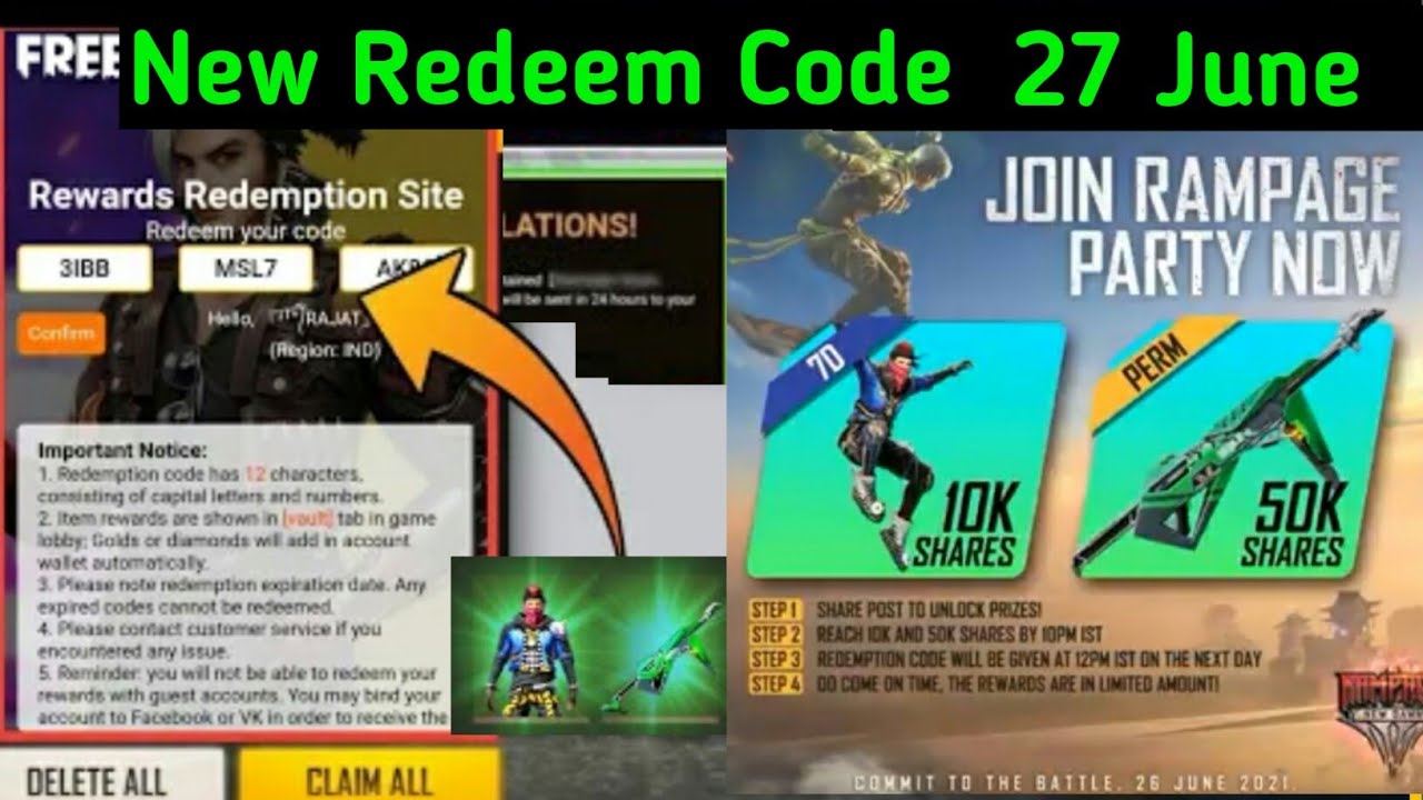 Free Fire redeem code FF New Redeem Code Rampage Party Redeem code ...