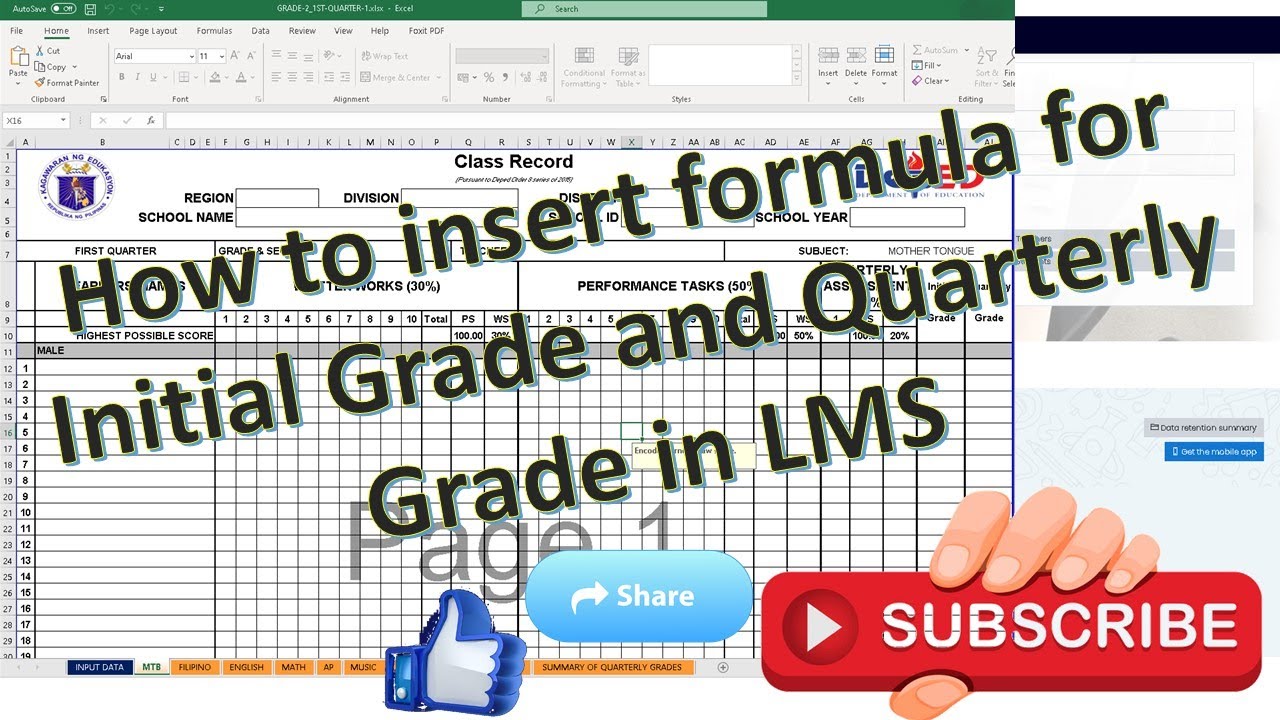 HOW TO INSERT INITIAL GRADE and QUARTERLY GRADES in the Work Book of ...
