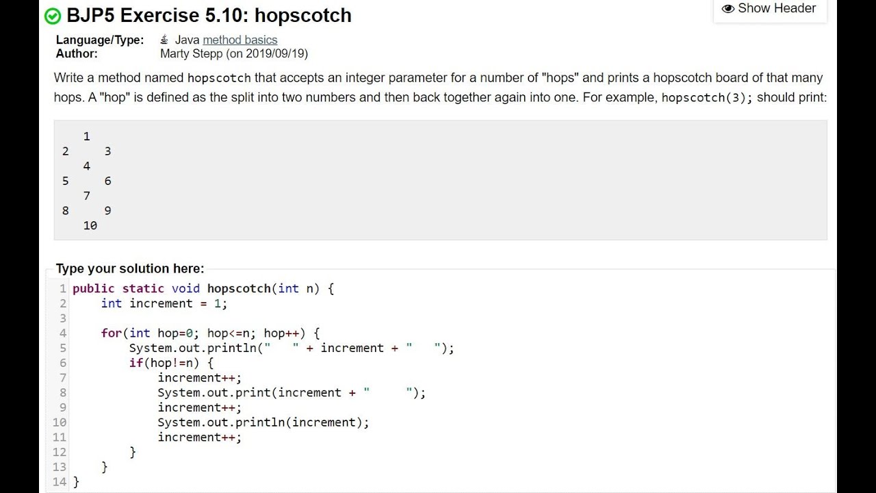 Java Practice It | Exercise 5.10: hopscotch | method basics, for loop ...