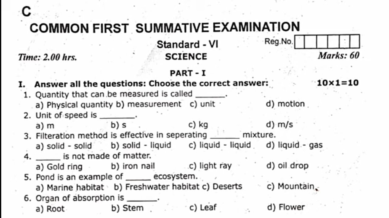 6th standard science term 1 summative assessment question paper English ...