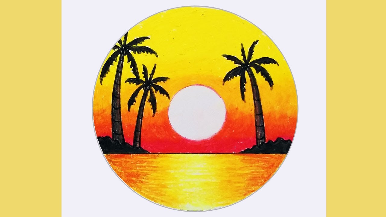 How To Draw Easy Sunset Scenery In a Circle With Oil Pastel | Drawing ...