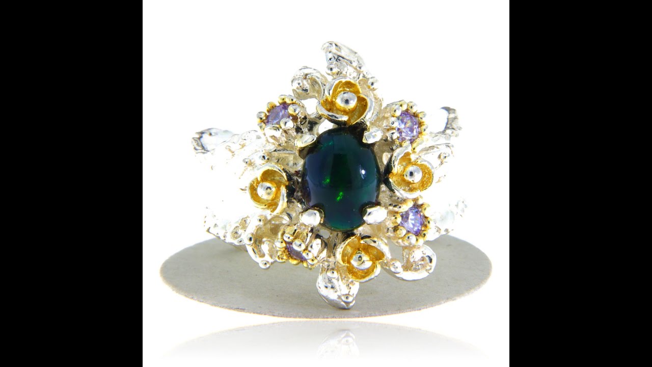 Inel Argint 925 Accente aurite Opal Negru Natural Cubic Zirconia ...