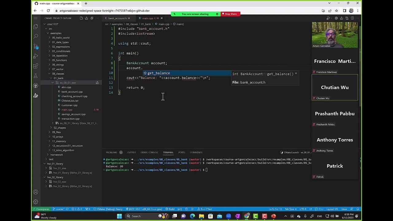 061523 COSC 1337 C++ BankAccount class: private, public, member variables and functions - YouTube