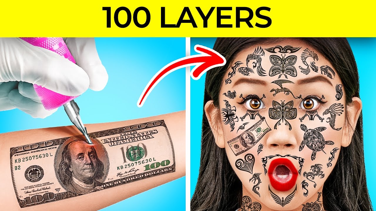 100 LAYERS CHALLENGE || 1000 Coats of TATTOOS, Lashes, Makeup! Funny ...
