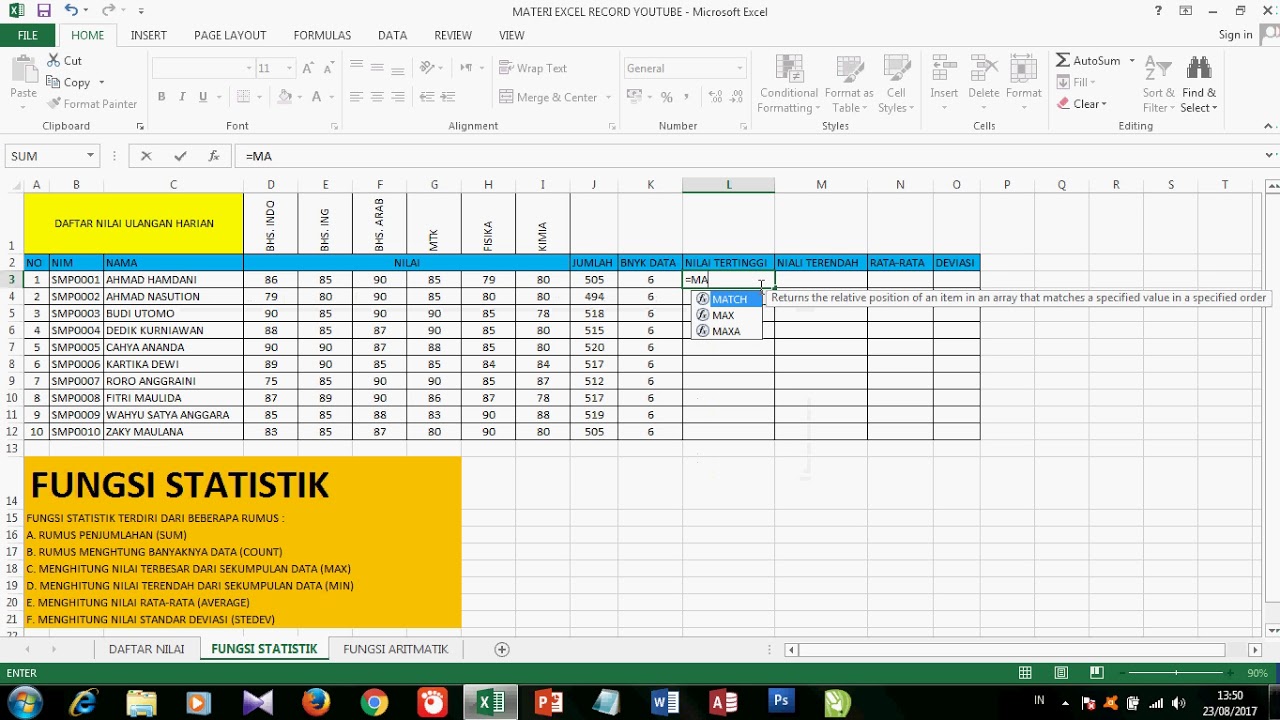 PANDUAN BELAJAR EXCEL BAGIAN 02 FUNGSI STATISTIK - YouTube