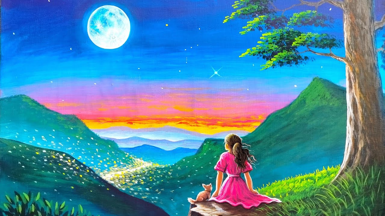 Painting of moonlight on mountains scenery | painting 559 - YouTube