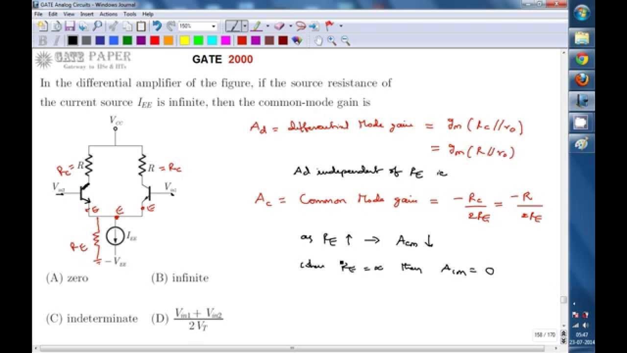 GATE 2000 ECE Effect of emitter resistance on common mode gain and CMRR of Diffrential Amplifier ...